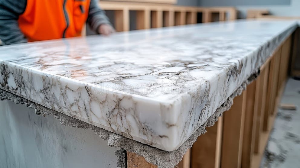 A Worker is Setting Up a Granite Countertop in the Kitchen Stock Photo ...
