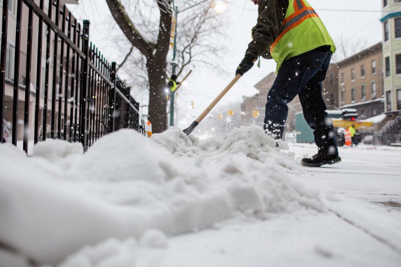 Worker Shoveling Snow Off a Public Sidewalk Stock Photo - Image of ...