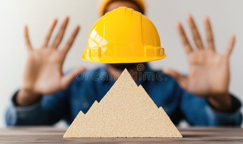A Worker Showcases a Floating Construction Hat Above a Model Pyramid ...