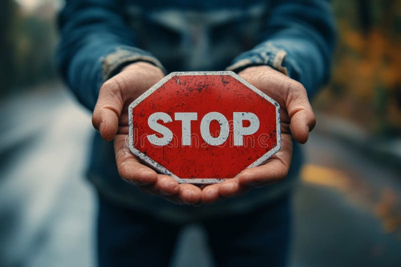 Worker Showing a Red Stop Sign with White Letters, Standing on a ...