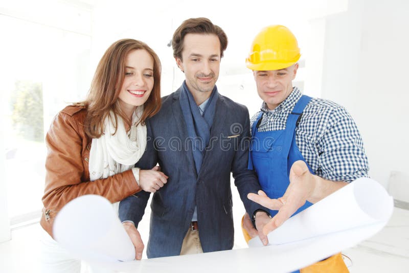 Worker Shows House Design Plans Stock Image - Image of site, workman ...