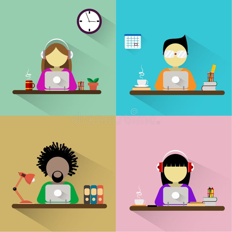 Worker Sitting at the Table with Computer. Stock Vector - Illustration ...