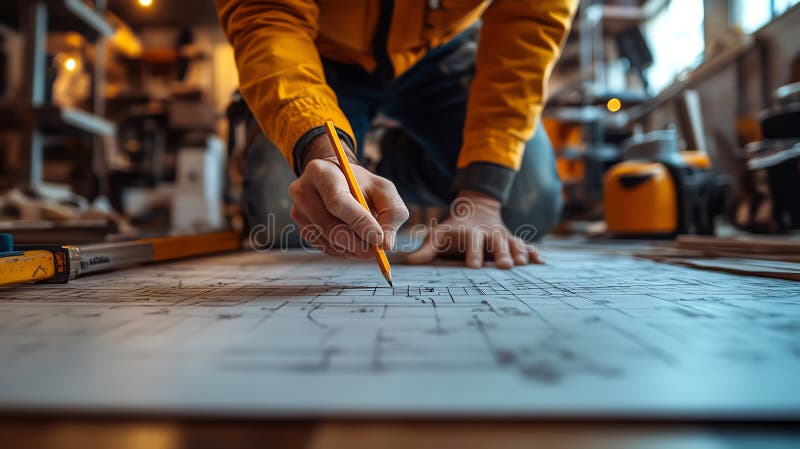 A Worker Sketching Detailed Plans on Paper in a Workshop Environment ...