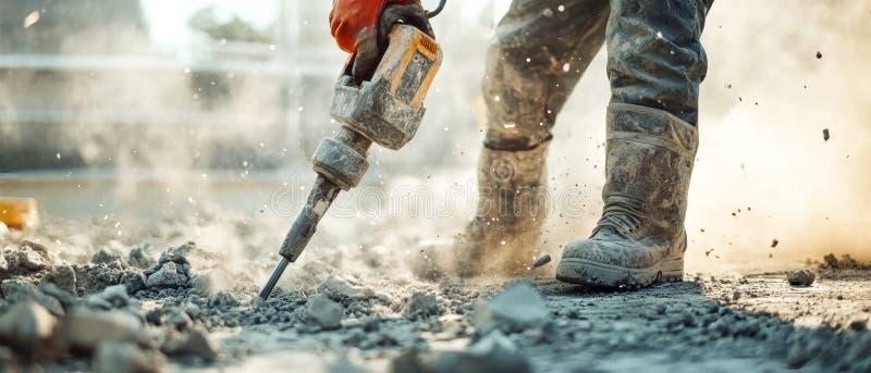 Dynamic Worker Breaking Concrete with Electric Jackhammer while Wearing ...