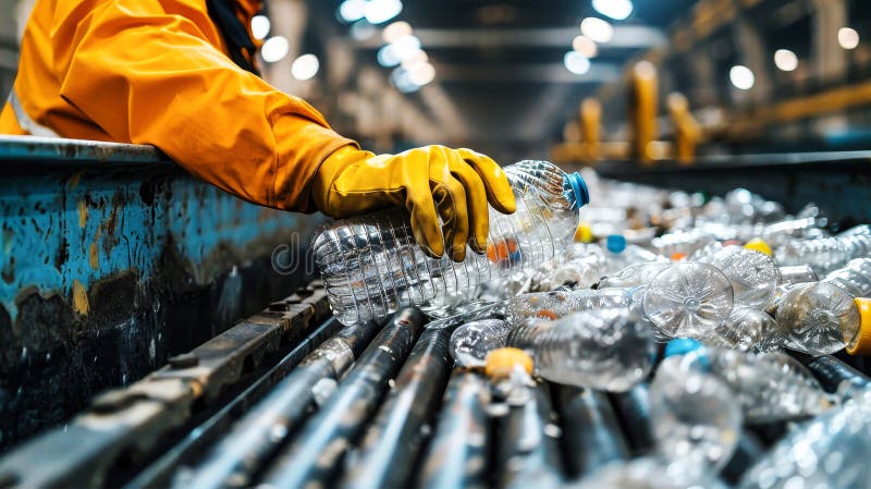 A Worker Skillfully Sorts Plastic Bottles on a Conveyor Belt in a ...