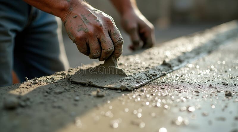 Worker Smoothing Wet Concrete Surface with Trowel in Construction ...