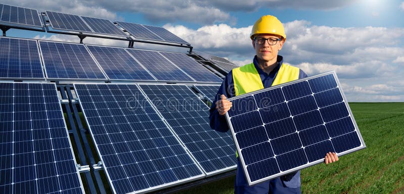 Worker with Solar Panel on a Background of Solar Power Stantion Stock ...
