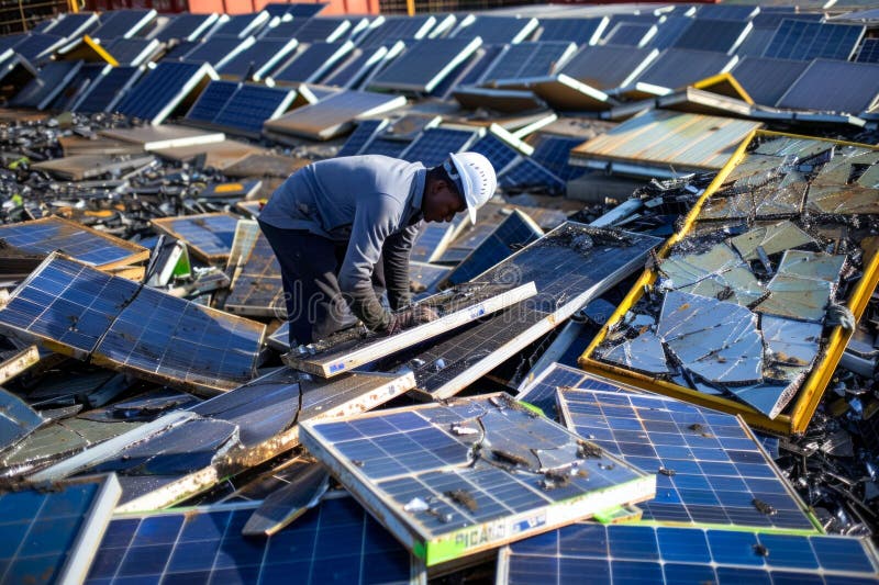Worker Sorting through Damaged Solar Panels for Recycling. Generative ...