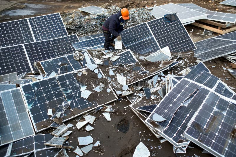 Worker Sorting through Damaged Solar Panels for Recycling. Generative ...