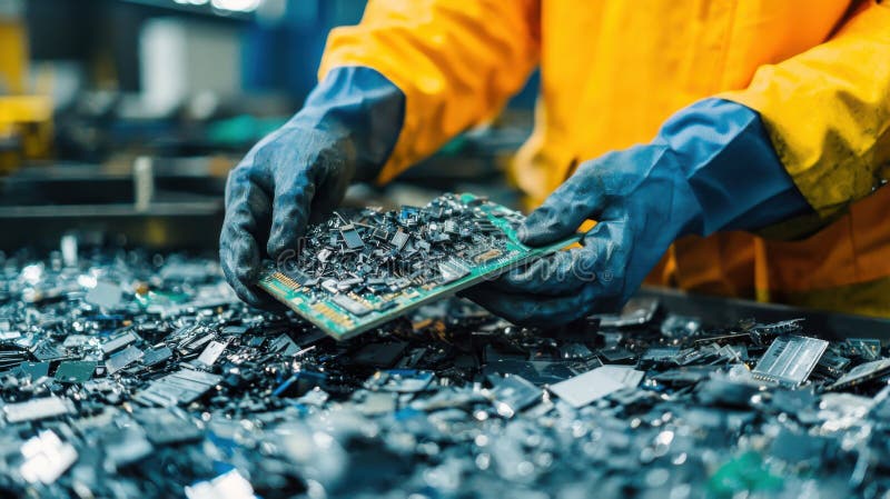 Worker Sorting Electronic Waste for Recycling in Facility. Generative ...