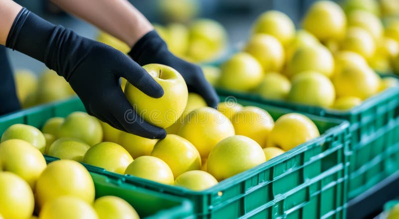Worker Sorting Fresh Green Apples in a Packing Facility during Daylight ...