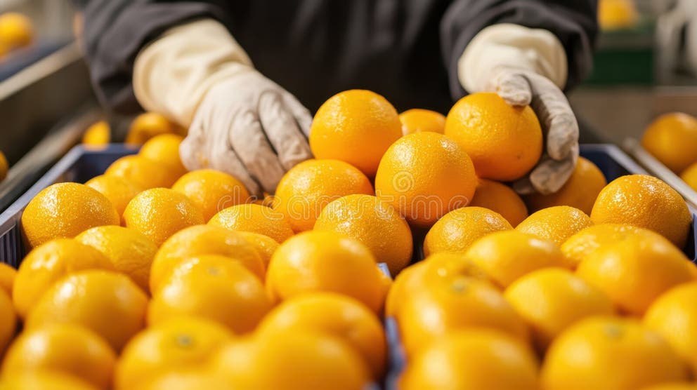 Worker Sorting Fresh Oranges in Factory with Gloves for Quality Control ...