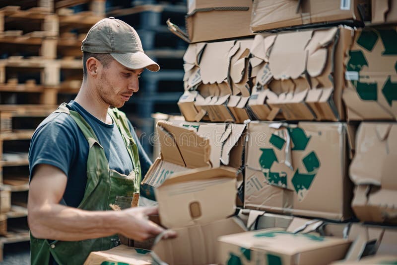 Worker Sorting and Organizing Cardboard Boxes in a Warehouse during ...