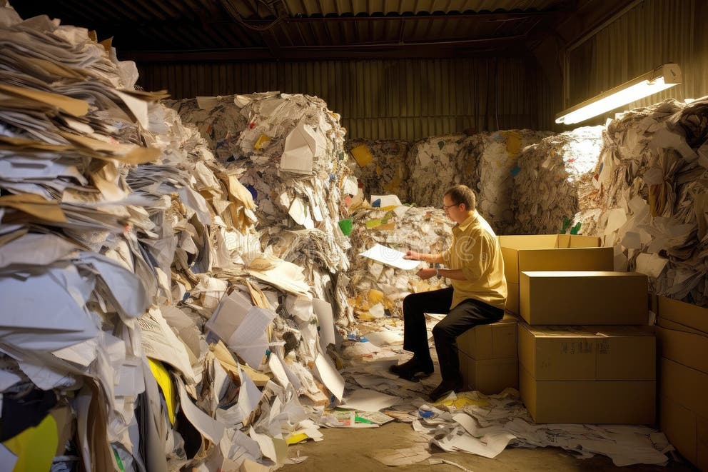 Worker Sorting through Piles of Paper for Recycling Stock Illustration ...