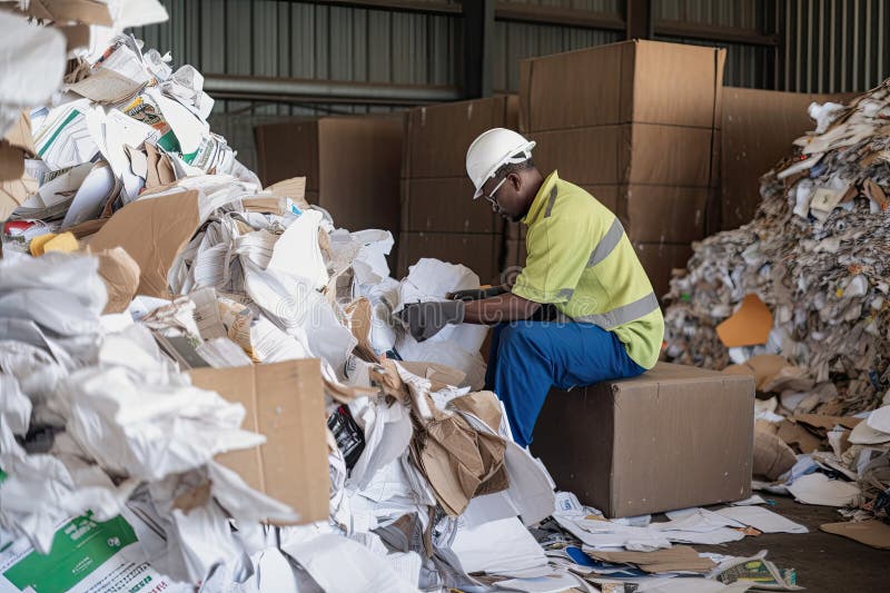 Worker Sorting through Piles of Paper for Recycling Stock Illustration ...