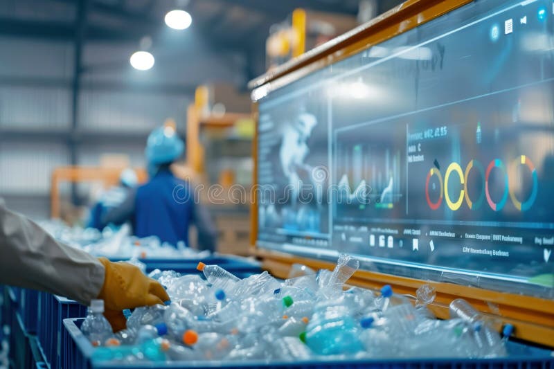 Worker Sorting Plastic Bottles into a Bin with a Digital Screen ...