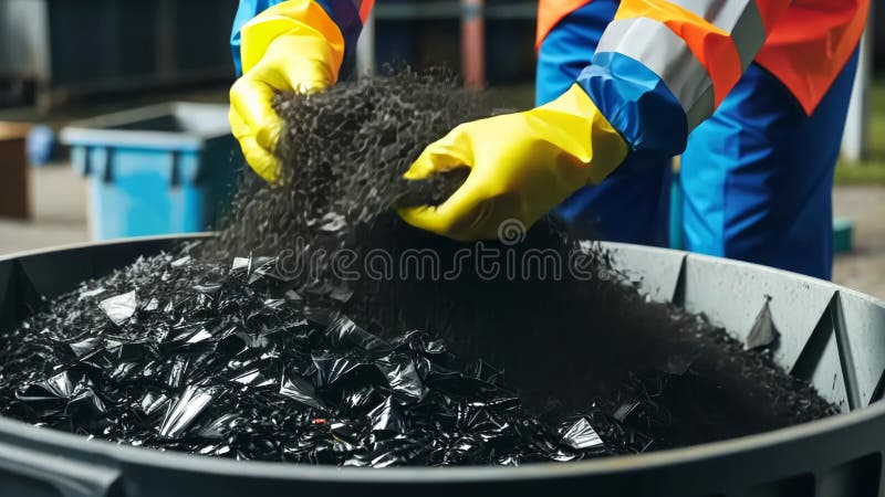 Worker Sorting Recyclable Plastics in Industrial Facility with Yellow ...