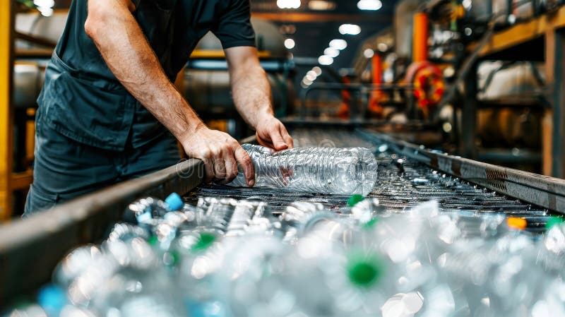 Worker Sorts Plastic Waste on Conveyor Belt at Recycling Plant Stock ...