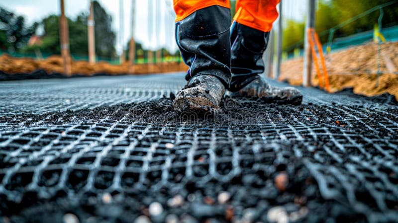 A Worker Spreading and Compacting Soil Over a Layer of Geosynthetic ...