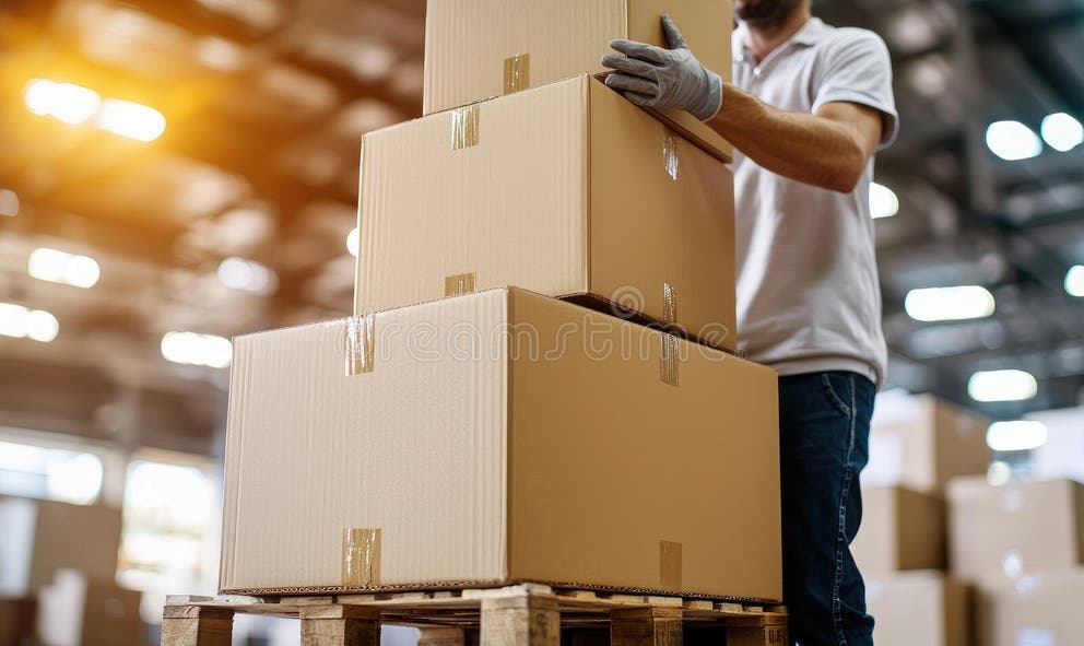 A Worker Stacking Cardboard Boxes on a Pallet in a Warehouse ...