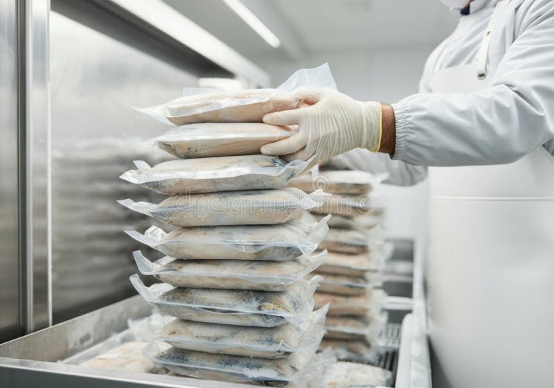 Worker Stacking Vacuum-sealed Food Packages in Sterile Processing ...