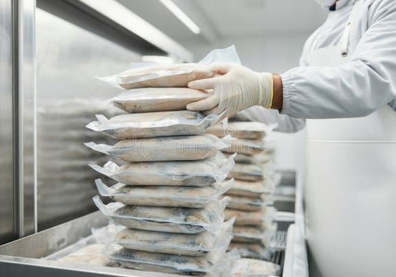 Worker Stacking Vacuum-sealed Food Packages in Sterile Processing ...