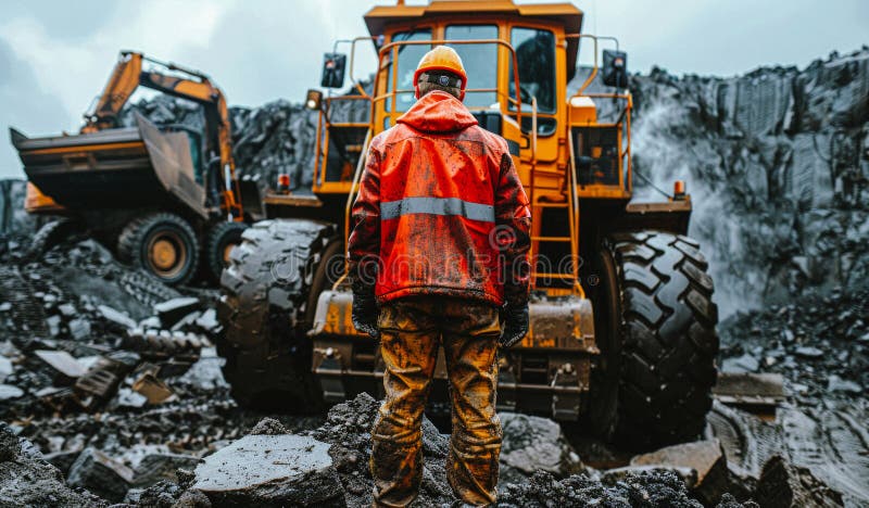 Worker Standing in Front of Large Digger Stock Photo - Image of open ...