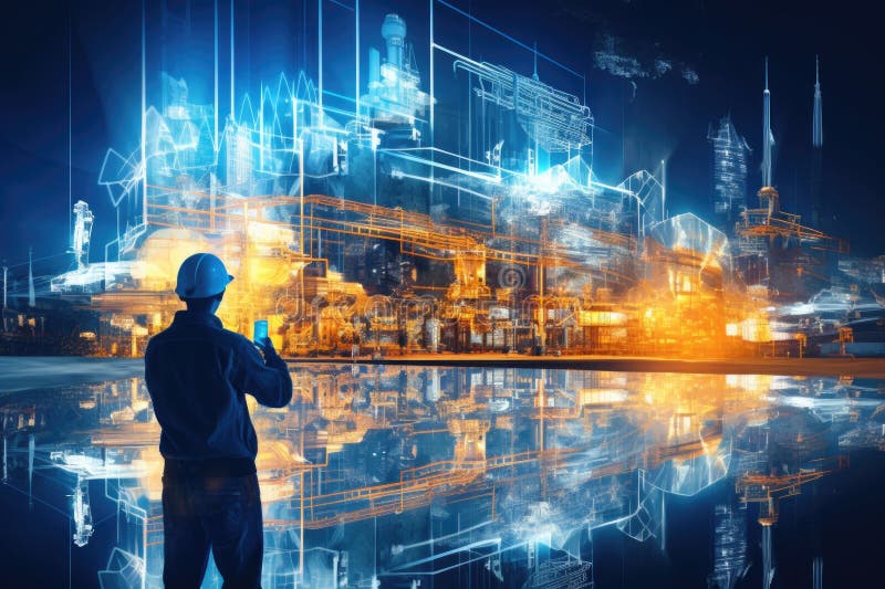 A Worker Stands in Front of a Glowing Projection of the Factory. the ...