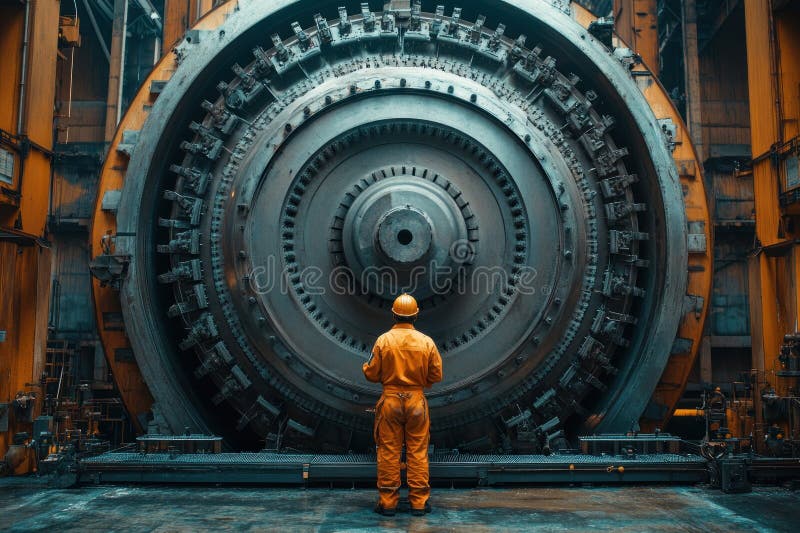 A Worker Stands in Front of a Massive Industrial Machine, Looking Small ...