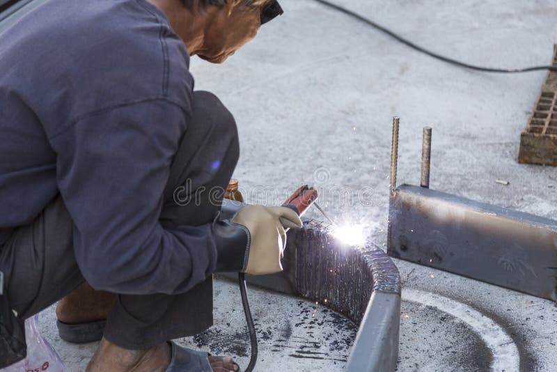 Worker Steel Welding with Unsafety Position Editorial Photo - Image of ...