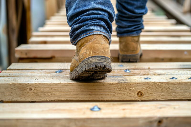 A Worker Steps on a Nail in a Wooden Plank Outdoors, Close-up Stock ...