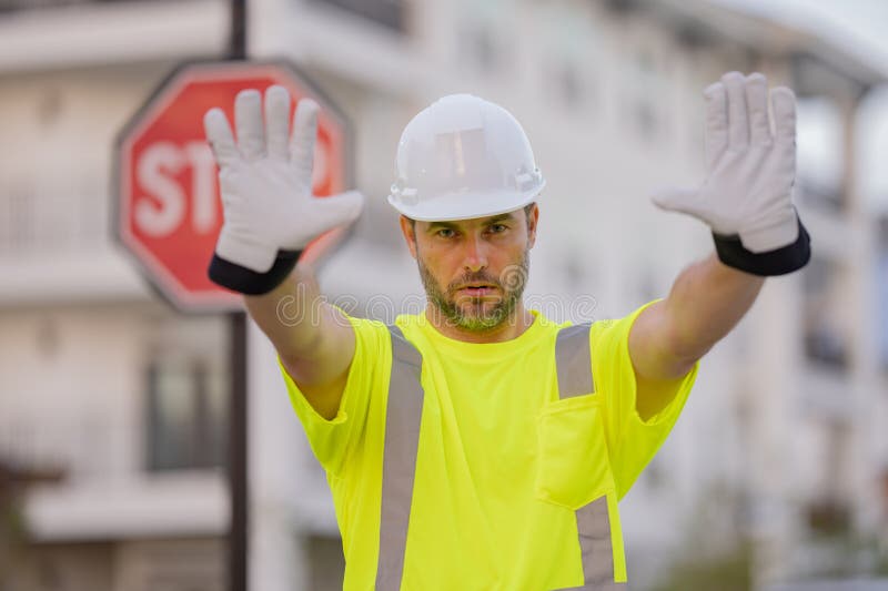Worker with Stop Road Sign. Builder with Stop Gesture, No Hand ...