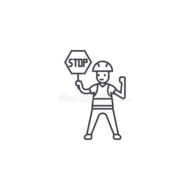 Worker with a Stop Sign Vector Line Icon, Sign, Illustration on ...