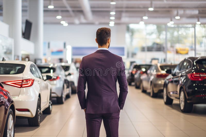 Worker in Suit at Car Dealership Seen from Behind Stock Illustration ...