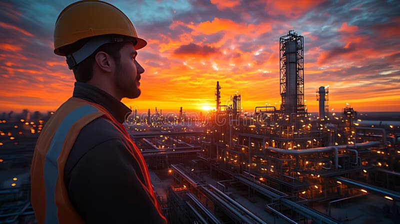 Worker Sunset Refinery Industrial Complex Safety Stock Illustration ...
