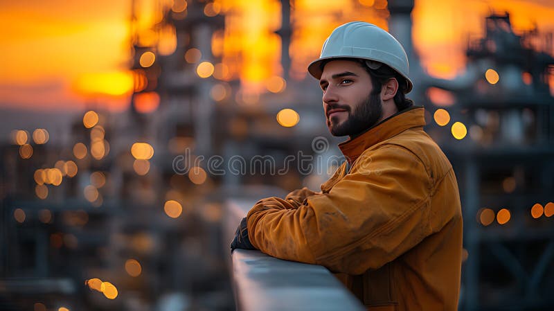 Worker Sunset Refinery Platform Safety Portrait Stock Illustration ...