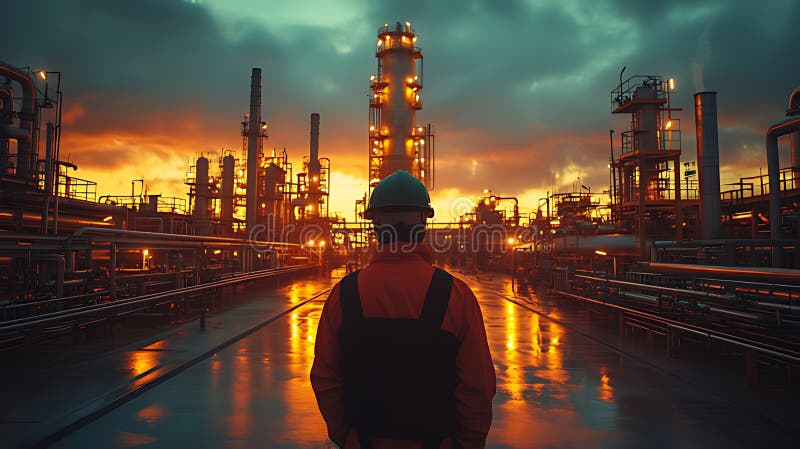 Worker Surveys Refinery at Sunset, Industrial Complex Background Stock ...