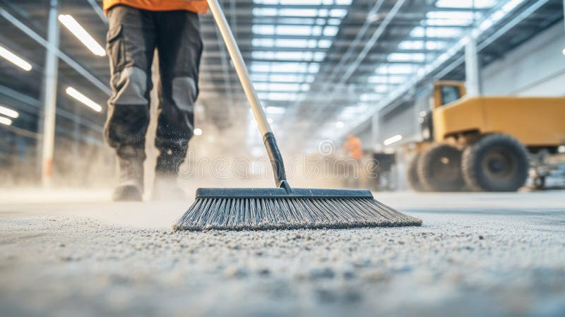 Worker Sweeping Dust with Push Broom in Spacious Warehouse with Bright ...