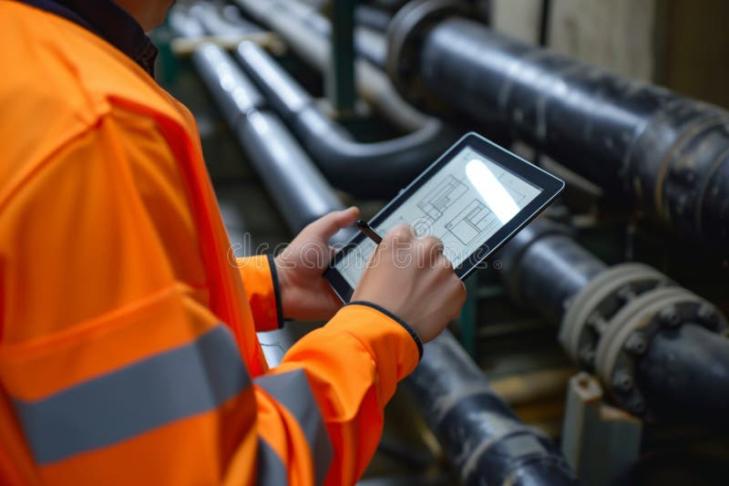 Worker with Tablet Planning Pipe Layout Stock Photo - Image of worker ...