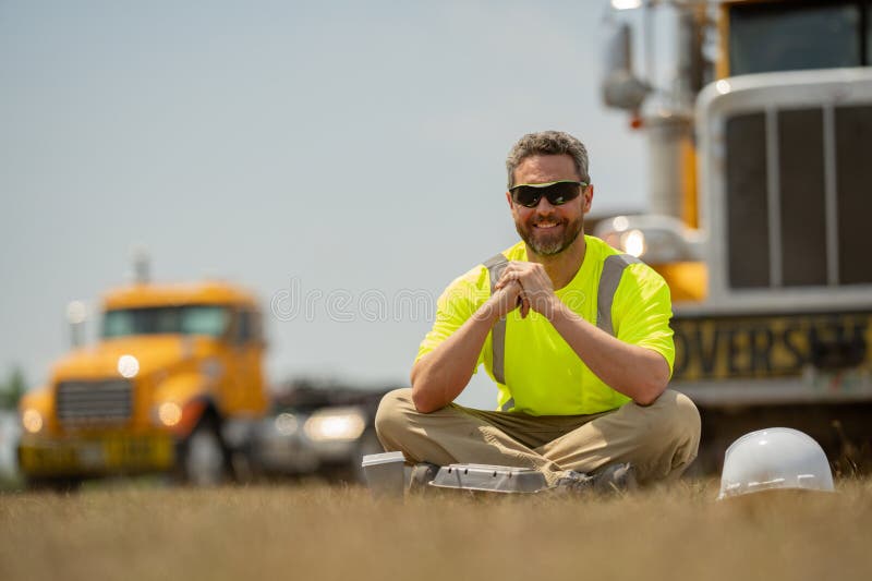 Worker Taking Break. Builder Drinking Coffee and Resting. Builder ...