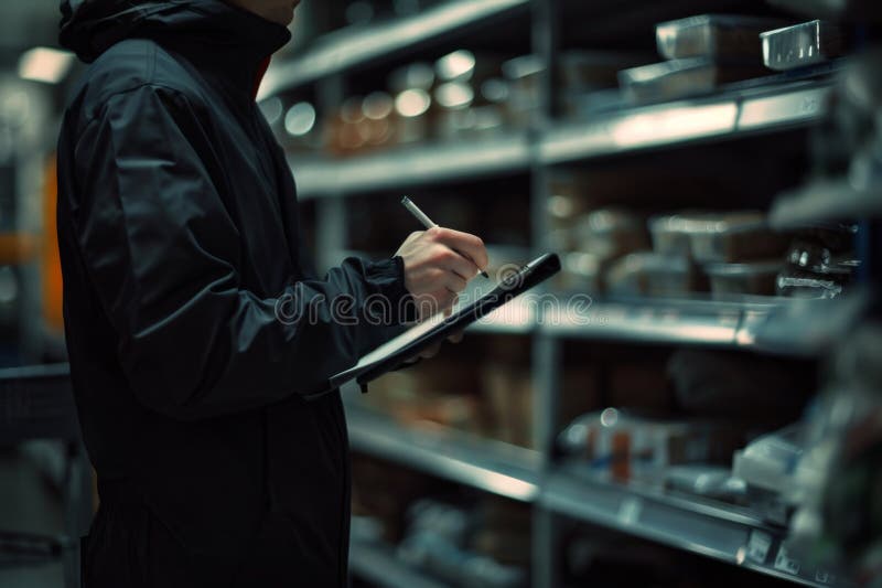 Worker Taking Inventory in a Warehouse with Shelves Stock Image - Image ...