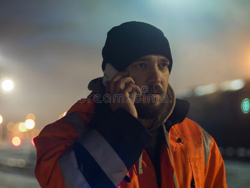 Man Talking by Smartphone at Night Bokeh Light in Background. Concept ...