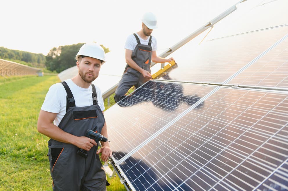 Worker Team with Solar Panel. Worker Team Has Success Install Solar ...