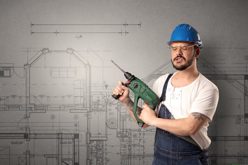 Worker with Technical Drawing. Stock Image - Image of screwdriver ...