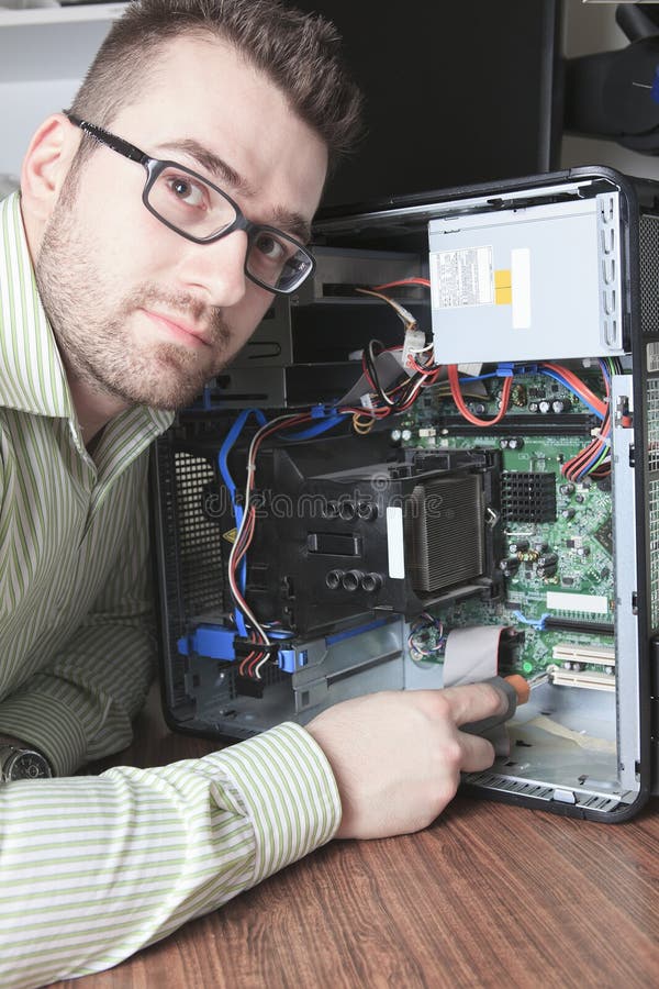 Worker Technician at Work with Computer Stock Photo - Image of ...