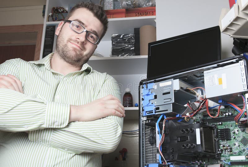 Worker Technician at Work with Computer Stock Photo - Image of skill ...