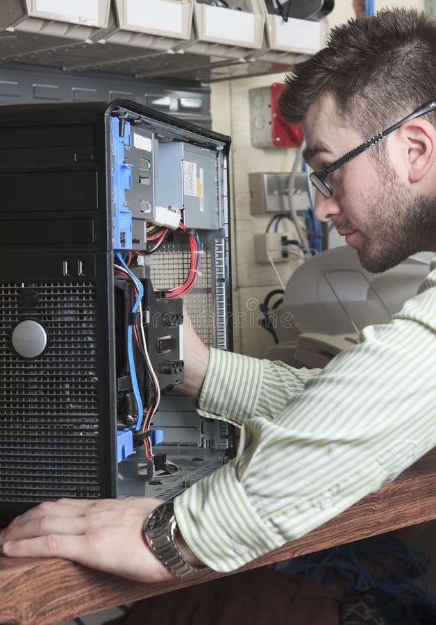 Worker Technician at Work with Computer Stock Photo - Image of system ...