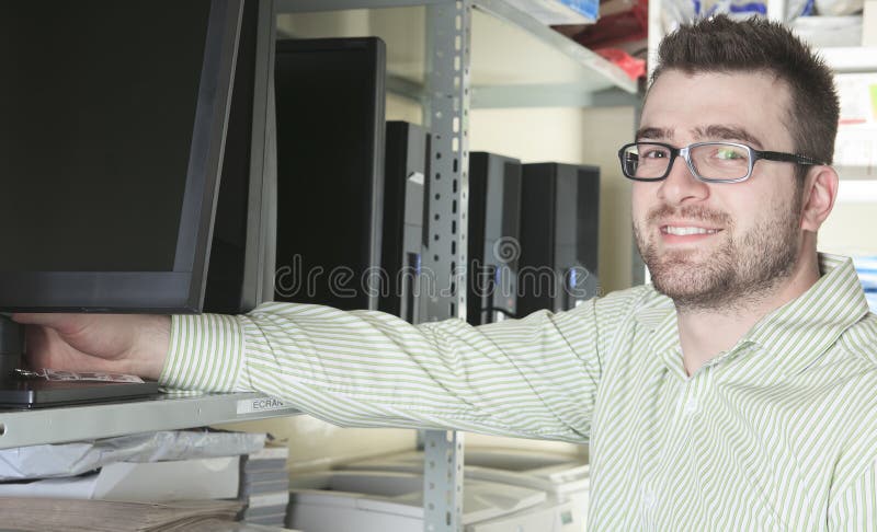 Worker Technician at Work with Computer Stock Photo - Image of database ...