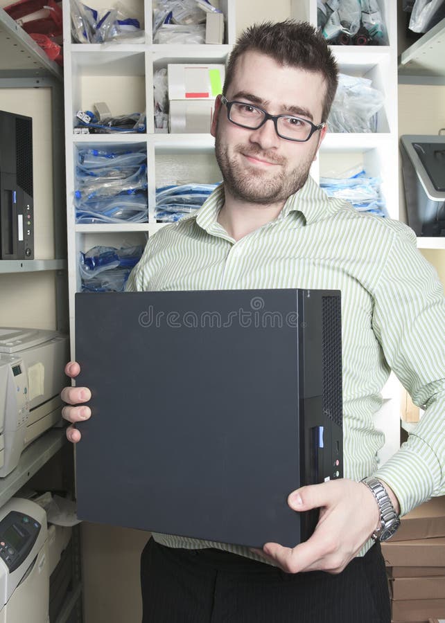 Worker Technician at Work with Computer Stock Photo - Image of center ...