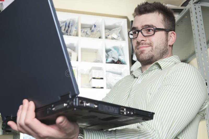Worker Technician at Work with Computer Stock Photo - Image of center ...
